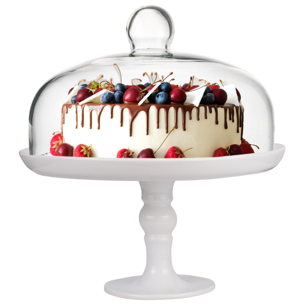 White Pedestal Cake Stand and Clear Dome 25 cm - Serveware - Brilliant ...